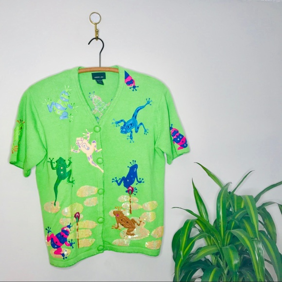 Vintage | Sweaters | Vintage Retro 9s Funky Sequin Frog Cardigan | Poshmark